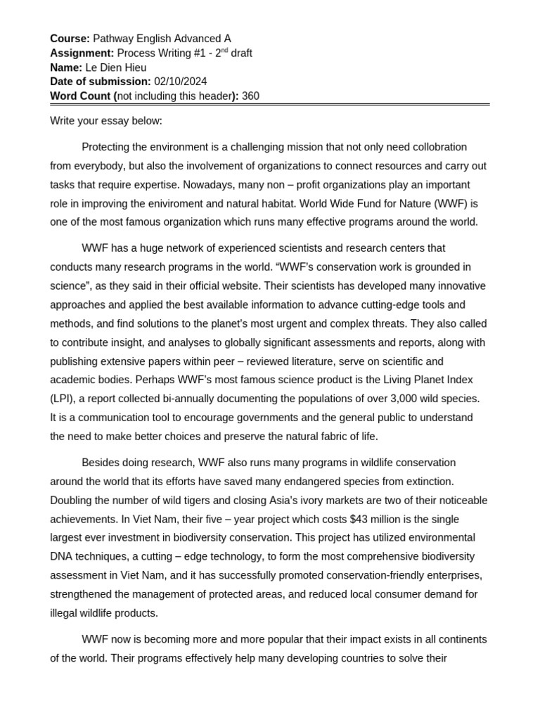 Le Dien Hieu - ADV A Process Writing - 2nd Draft | PDF | Conservation ...