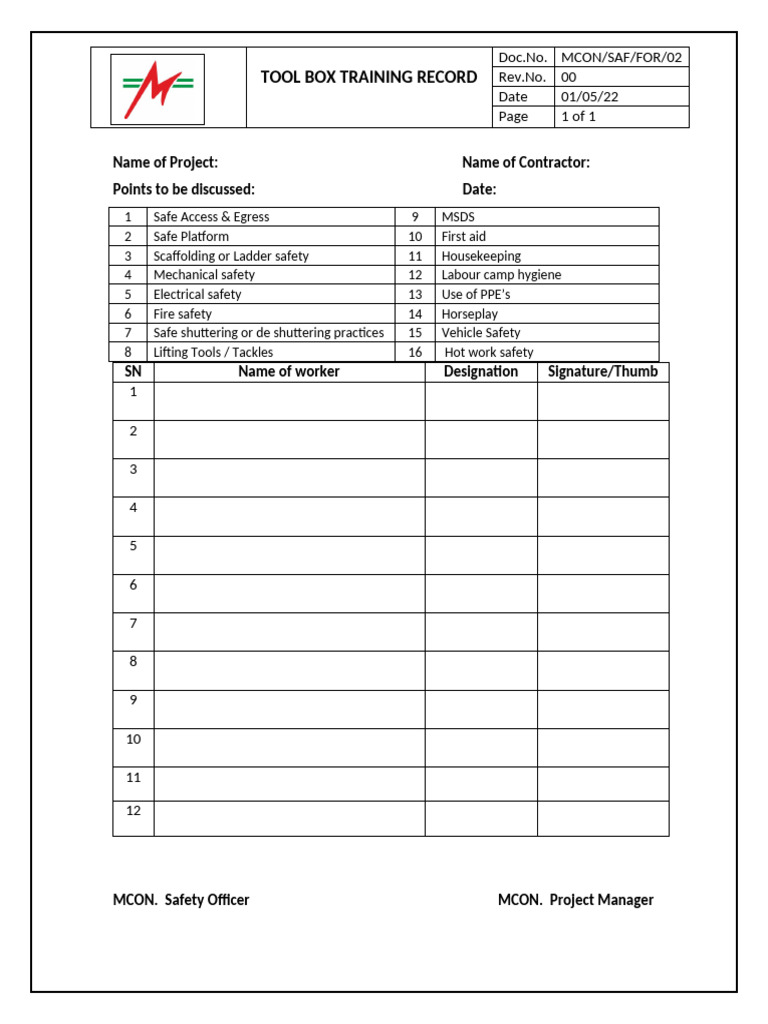 Tool Box Training Record | PDF