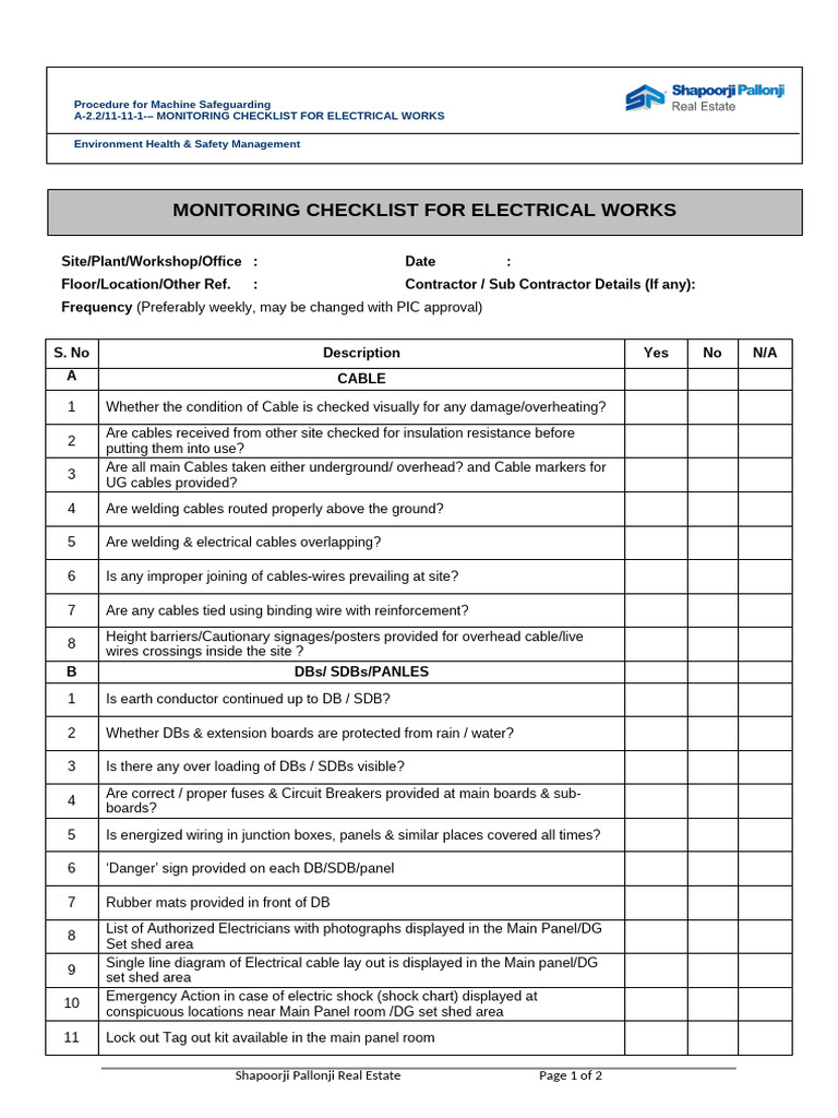 A-2.2-11-11 - 01 - Electrical Works Monitoring Checklist | PDF ...