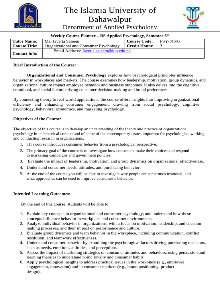BS 6th M1 Organizational and Consumer Psychology Course Planner | PDF | Psychology | Consumer ...