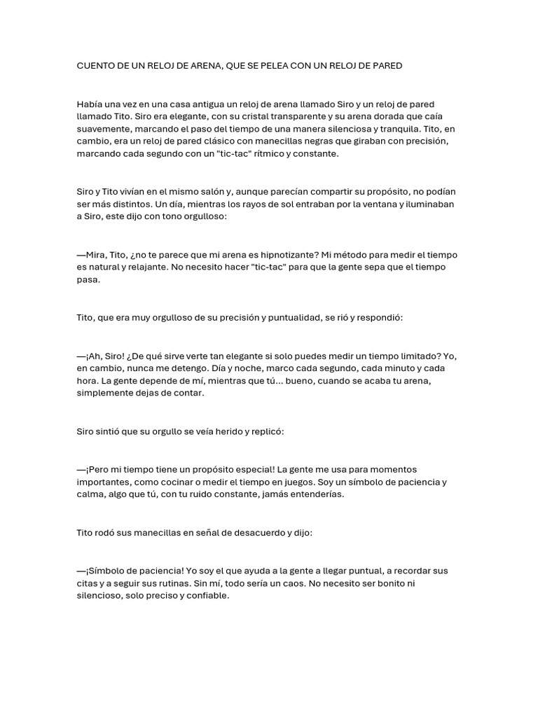 Cuento de Un Reloj de Arena, Que Se Pelea Con Un Reloj de Pared | PDF | Reloj