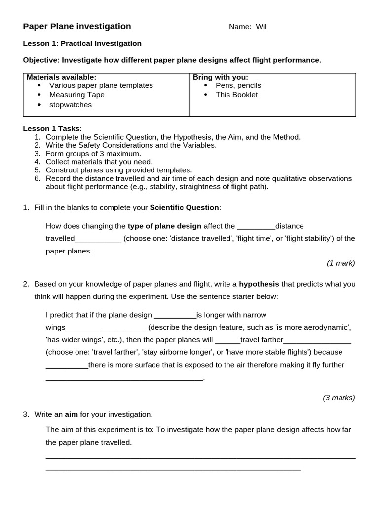 Paper Plane Experiment Guide | PDF | Experiment | Cartesian Coordinate ...