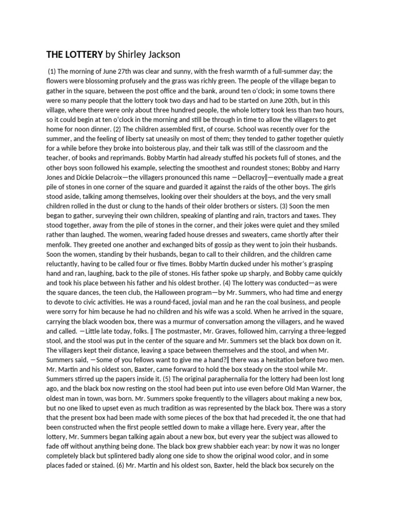 THE LOTTERY by Shirley Jackson | PDF