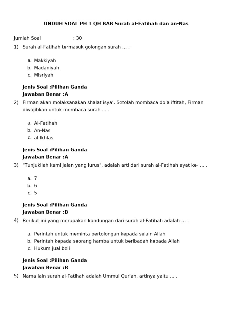 Lembar Soal PH 1 QH BAB Surah Al-Fatihah Dan An-Nas | PDF