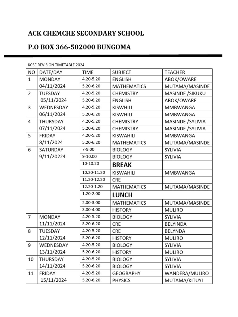Kcse Revision Timetable | PDF | Home & Garden
