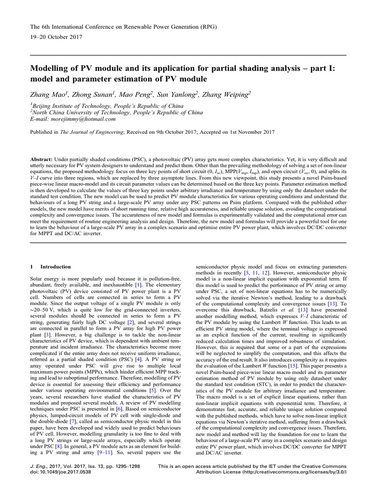The Journal of Engineering - 2018 - Mao - Modelling of PV Module and Its Application For Partial ...