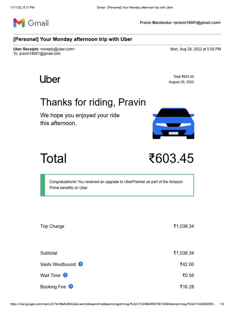 Uber Trip Receipt: August 29, 2022 | PDF | Payments | Services (Economics)