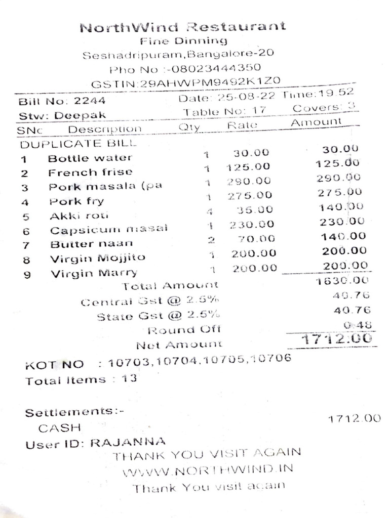 Food Bill_BGLR | PDF
