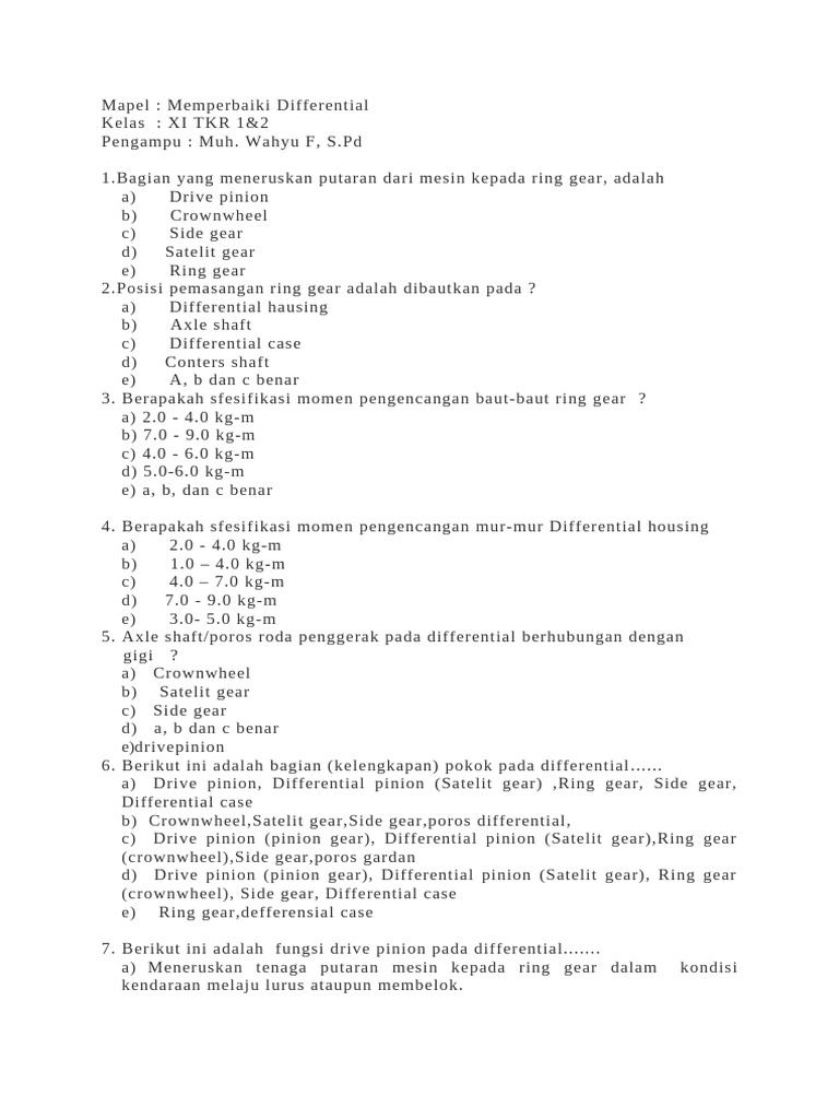 Soal Ujian Differential XI TKR 1&2 | PDF