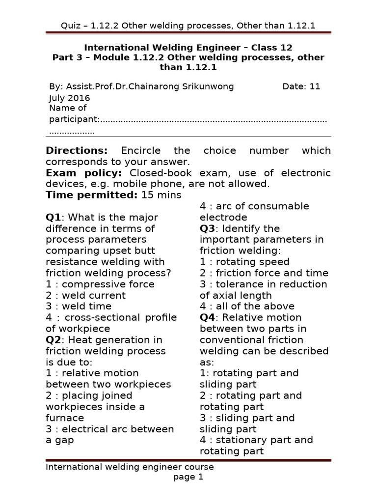 Quiz For Other Welding Processes | PDF | Welding | Construction