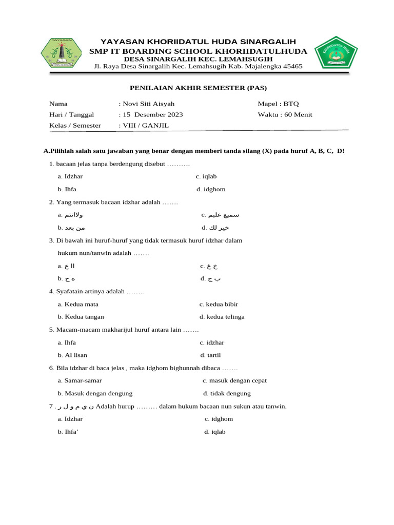 Soal BTQ & JWB Kls VIII SEM2 | PDF