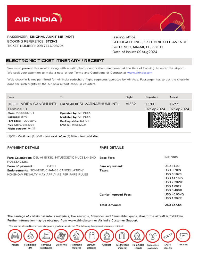 Air India Web Booking ETicket (3TZIV2) - ANKIT | PDF