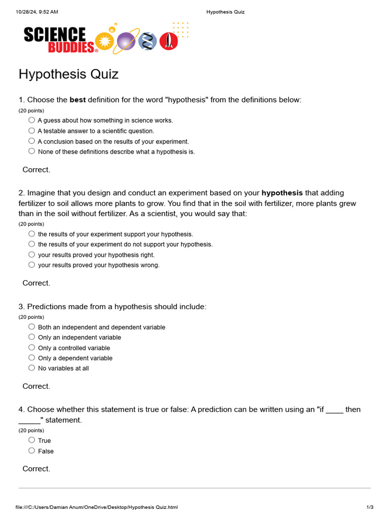 Hypothesis Quiz | PDF | Hypothesis | Experiment
