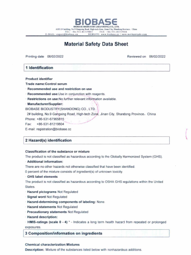 MSDS Control Serum | PDF