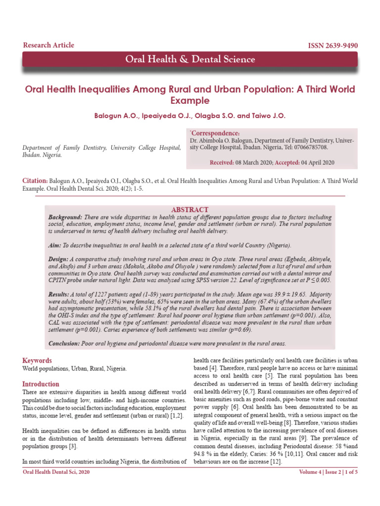 Oral Health Inequalities Among Rural and Urban Population A Third World ...