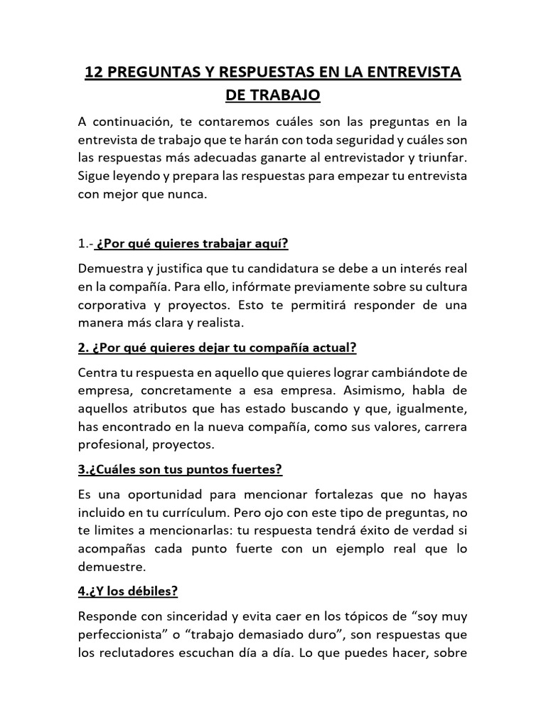 12 Preguntas y Respuestas Clave en Entrevistas | PDF | Entrevista de ...