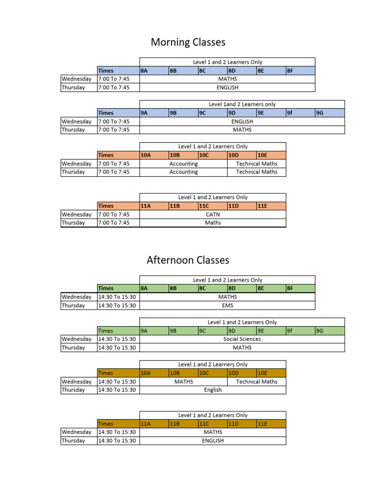 Extra Classess Time Table Pdf