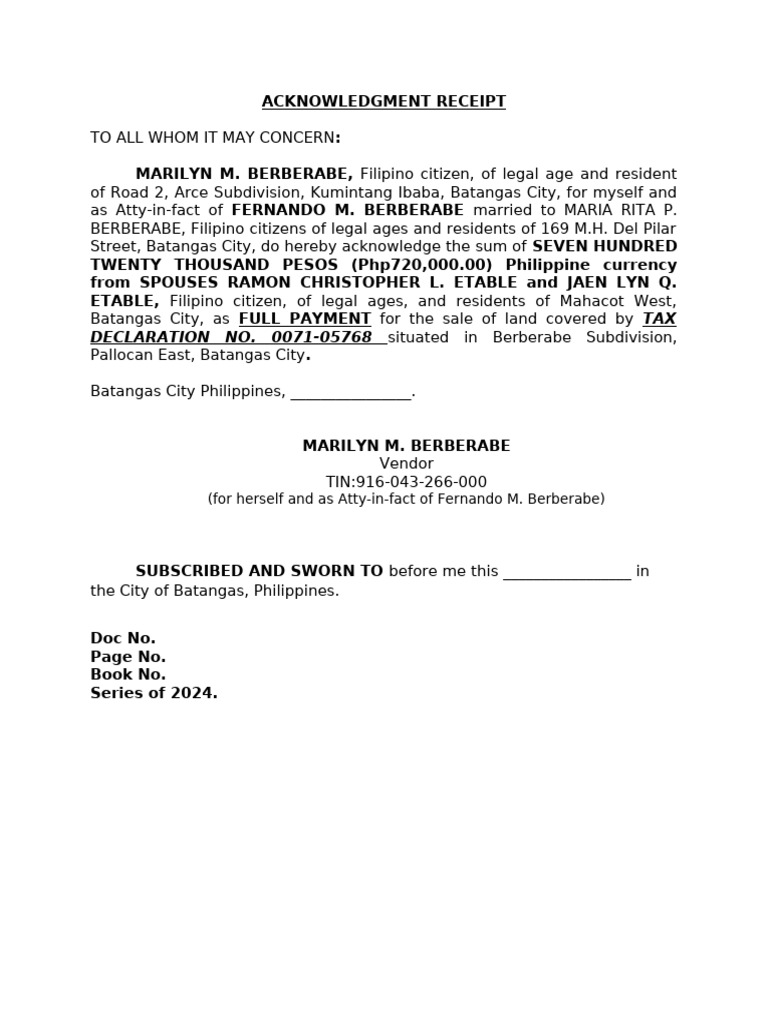 Acknowledgment Receipt for Land Sale | PDF