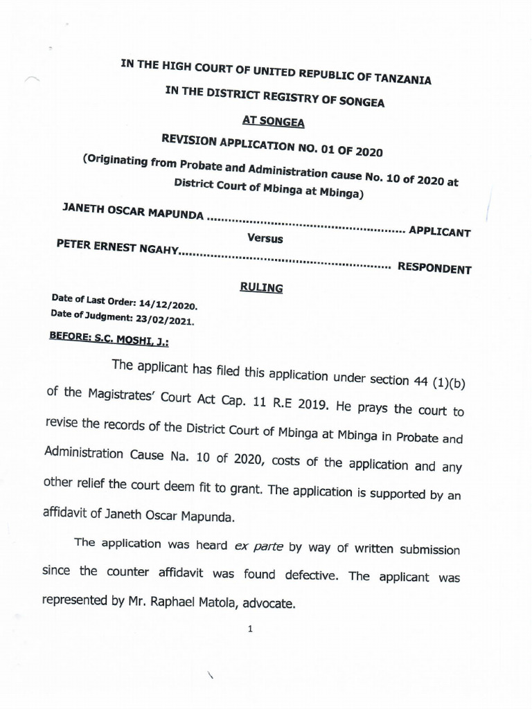 Janeth Oscar Mapunda Vs Peter Ernest Ngahy (Revision Appl 1 of 2020 ...