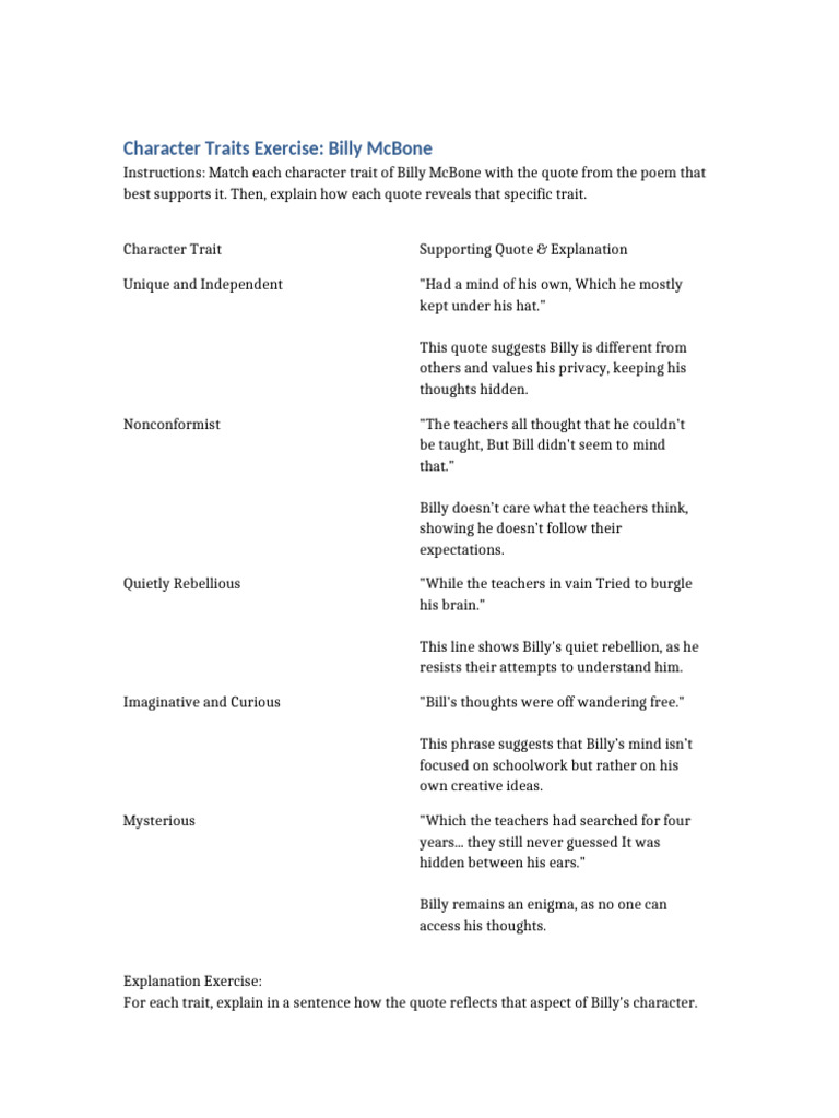 Billy McBone Character Traits Exercise | PDF | Thought