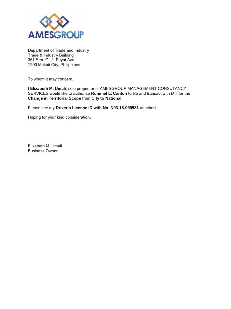 DTI Authorization Letter | PDF