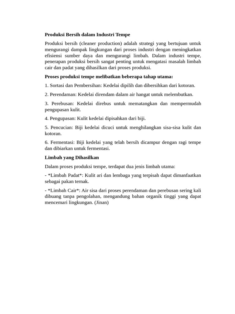 Produksi Bersih Dalam Industri Tempe SKRIP KELOMPOK | PDF | Bisnis | Teknologi & Rekayasa