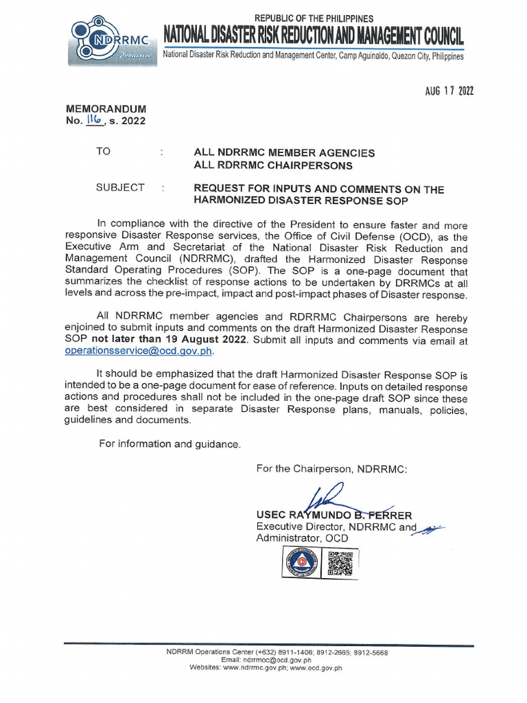 NDRRMC Memorandum No 116 S 2022 | PDF