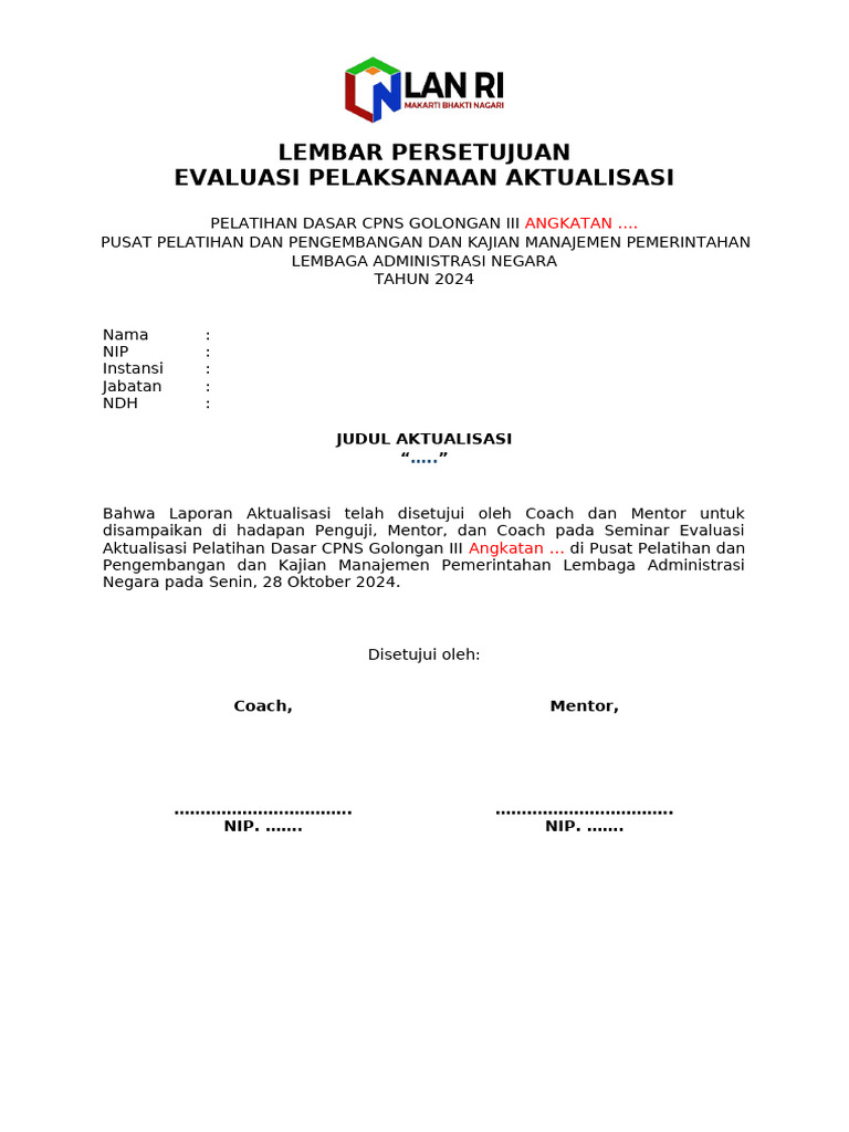 Format Lembar Persetujuan Sebelum Seminar Aktualisasi Dan Pengesahan ...