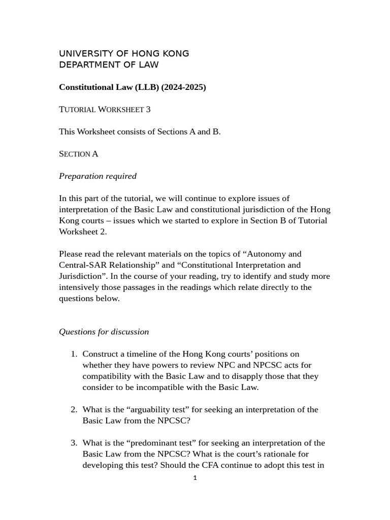 Constituional Law Tutorial 3 Worksheet | PDF | Hong Kong | Governance