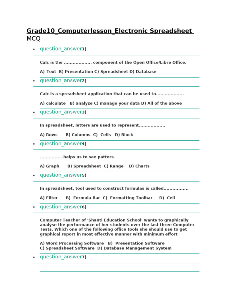 Electronic Spreadsheet MCQ | PDF | Spreadsheet | Worksheet