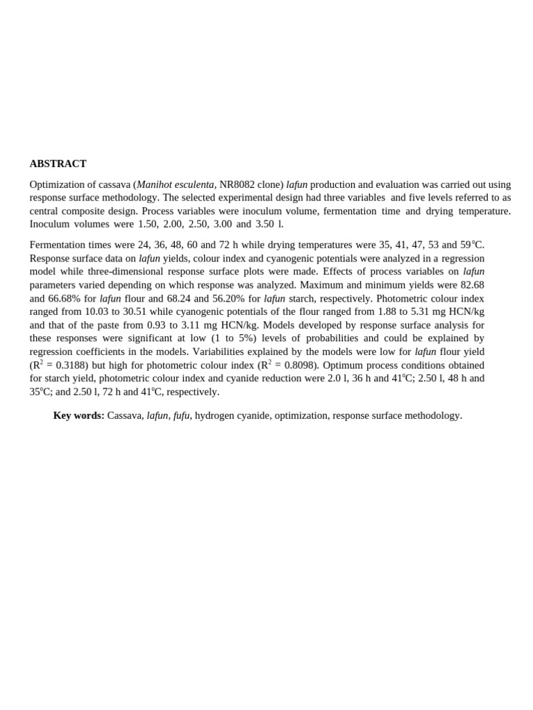 Evauation and Optimization 0f The Cassava Production Processes | PDF | Regression Analysis | Cyanide