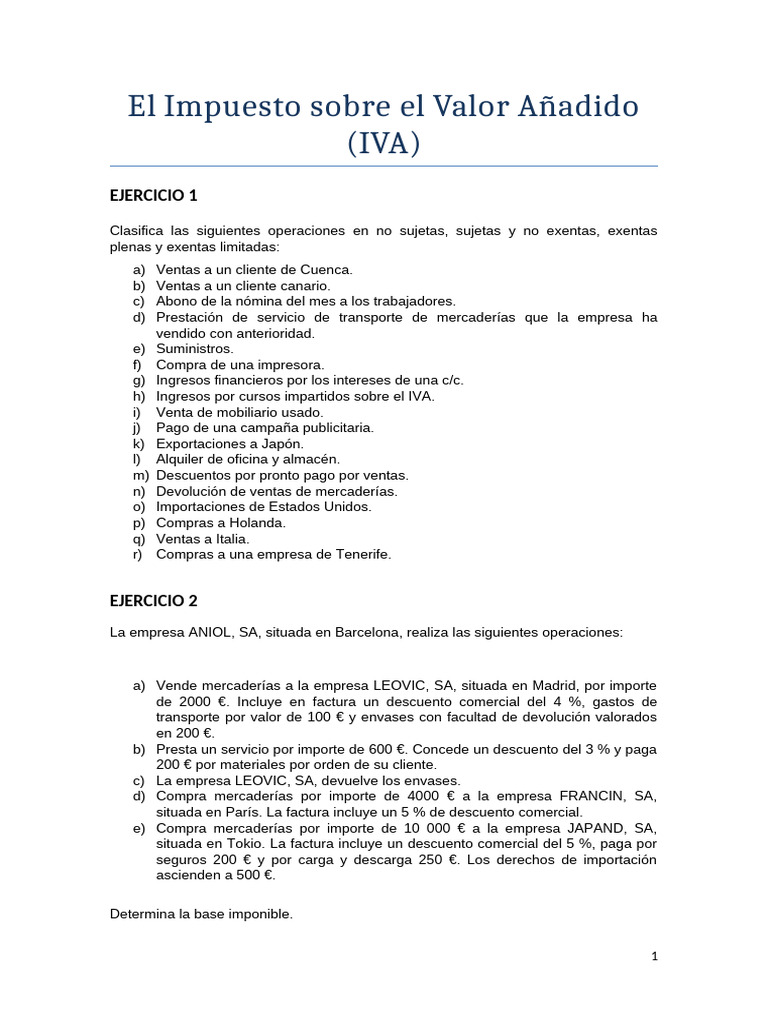 Ejercicios IVA | PDF | Factura | Impuesto al valor agregado