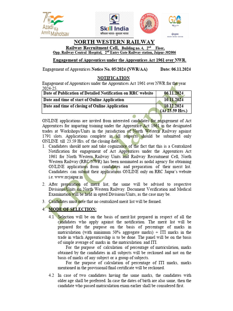 RRC NWR Apprentice Recruitment 2024 Notification PDF | PDF
