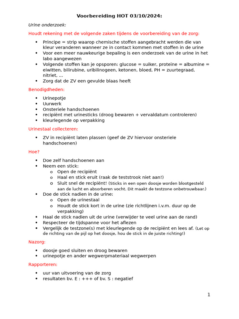 Voorbereiding HOT 03-10-2024 - Urine Onderzoek | PDF