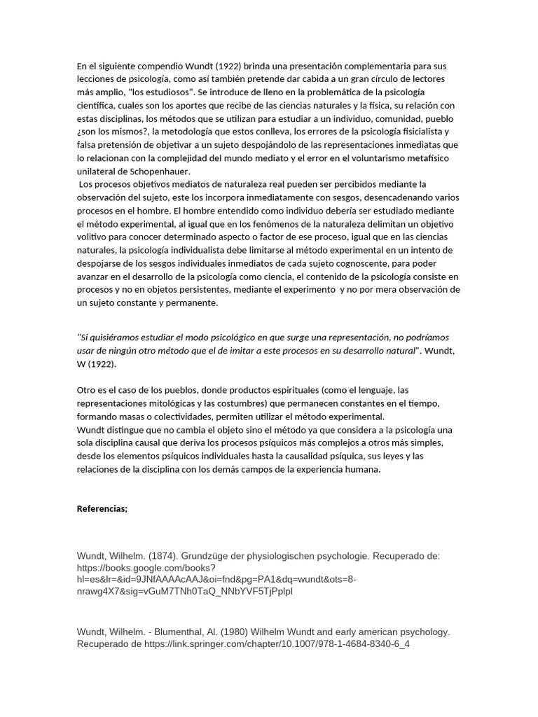 Resumen-Citas Wundt Compendio de Psicologia | PDF | Método científico | Sicología