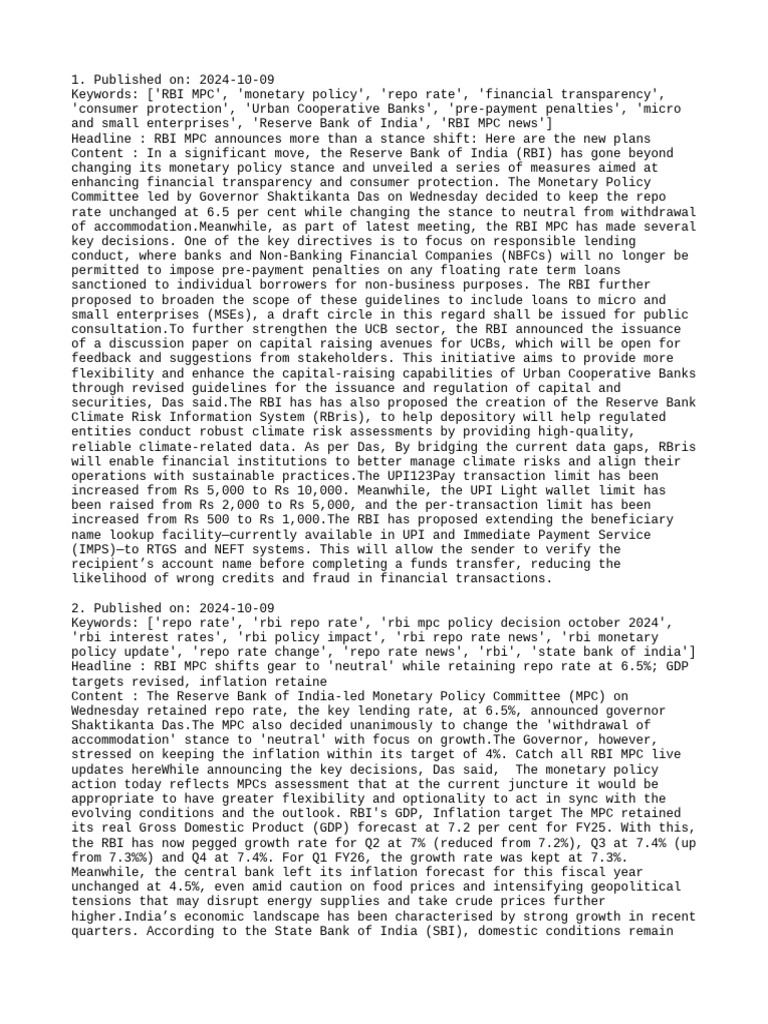 Policy ET Report For 20241009 | PDF | Reserve Bank Of India | Inflation