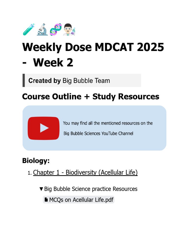 MDCAT 25 Week 2 - Outline + Study Resources | PDF