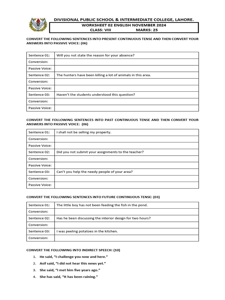English - Class Viii - Worksheet 02 | PDF