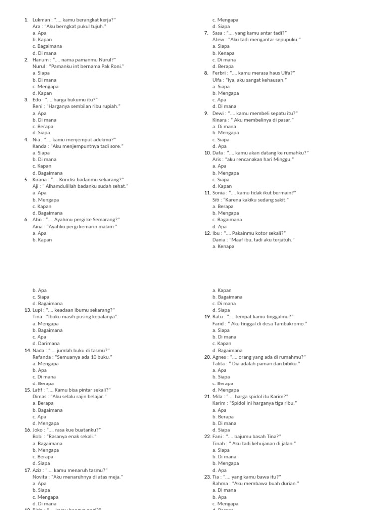Soal Kalimat Tanya Kelas 1 Eza | PDF