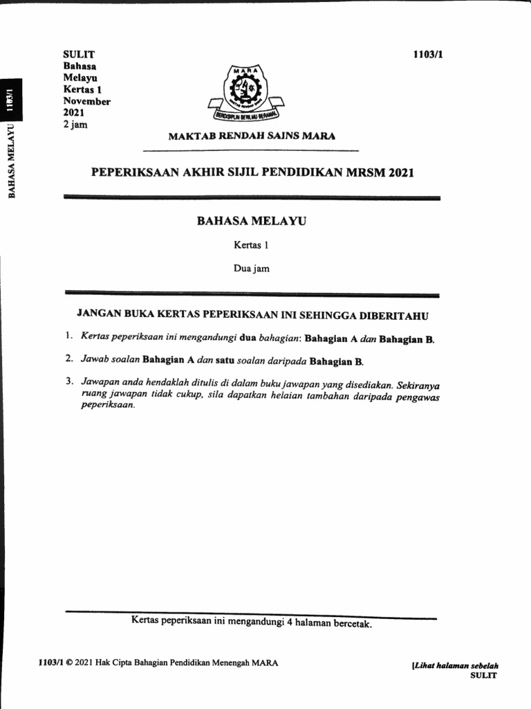 Kertas Trial BM MRSM K1 2021 | PDF