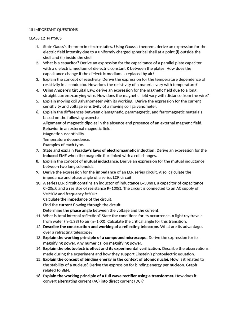 Important Questions Physics Class 12 | PDF | Inductance | Inductor