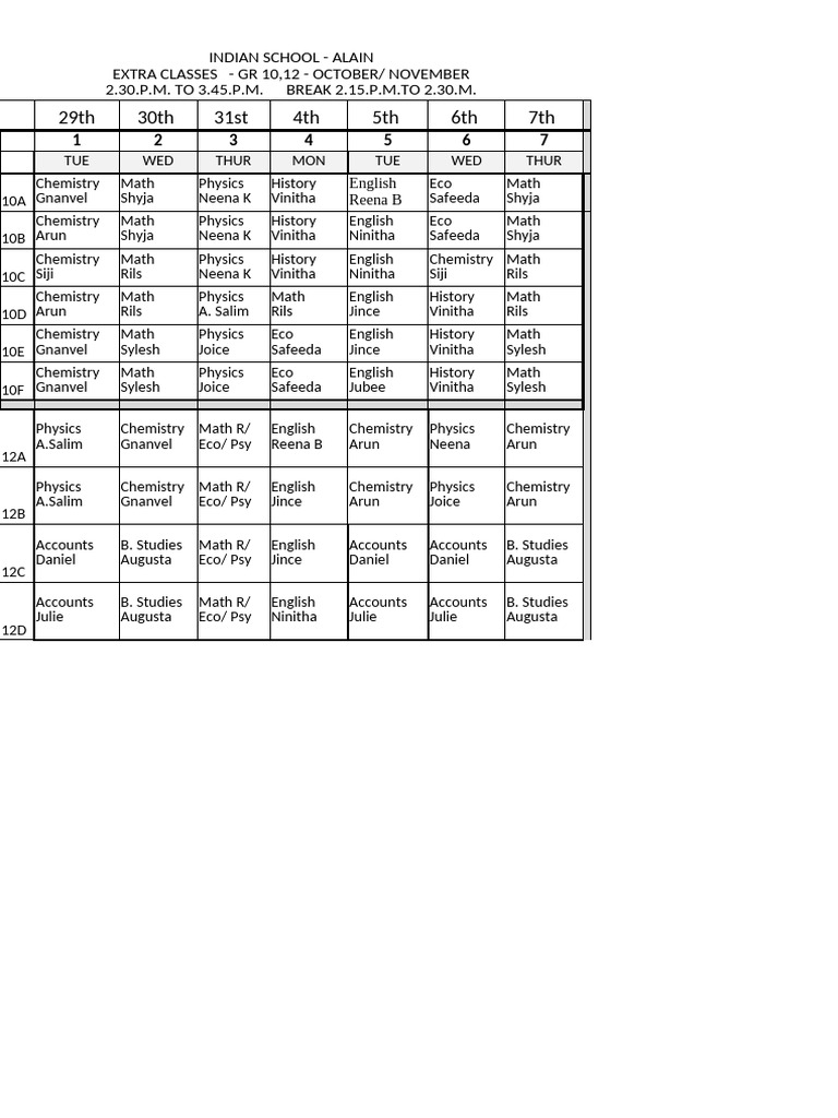 Extra Classes Schedule for Grades 10 & 12 | PDF | Science & Mathematics
