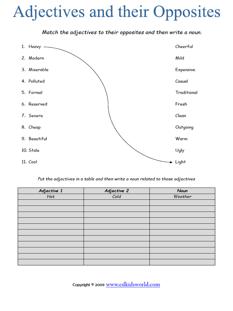 Adjective Opposites Worksheet | PDF