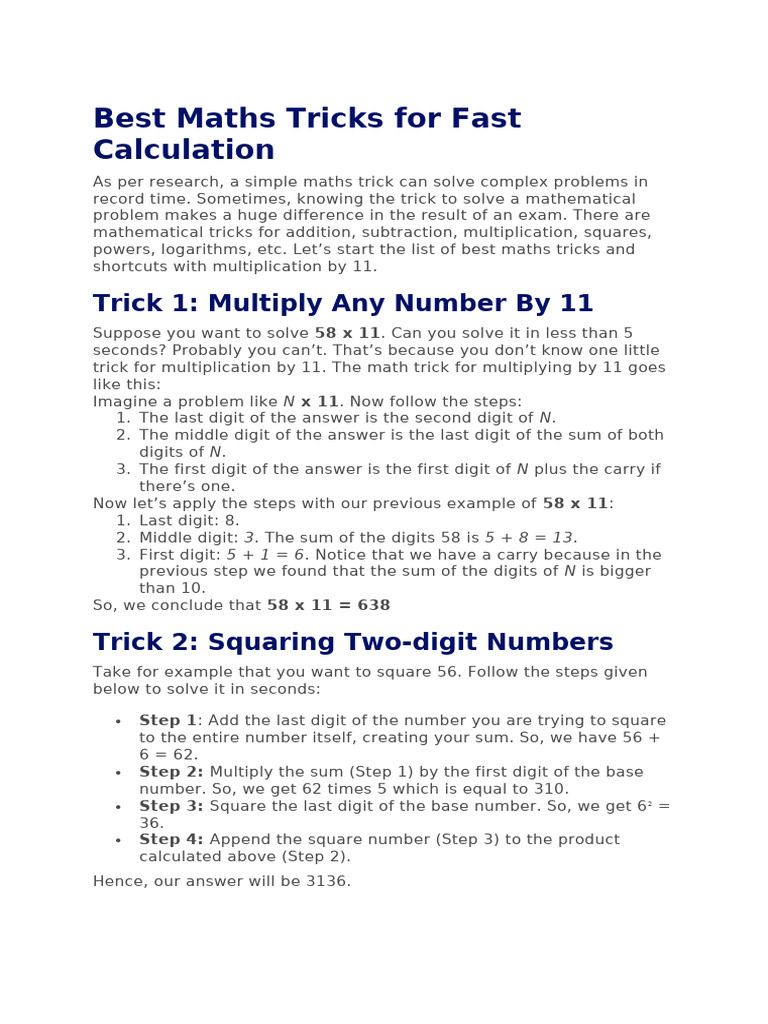 Best Maths Tricks For Fast Calculation | PDF | Multiplication | Numbers