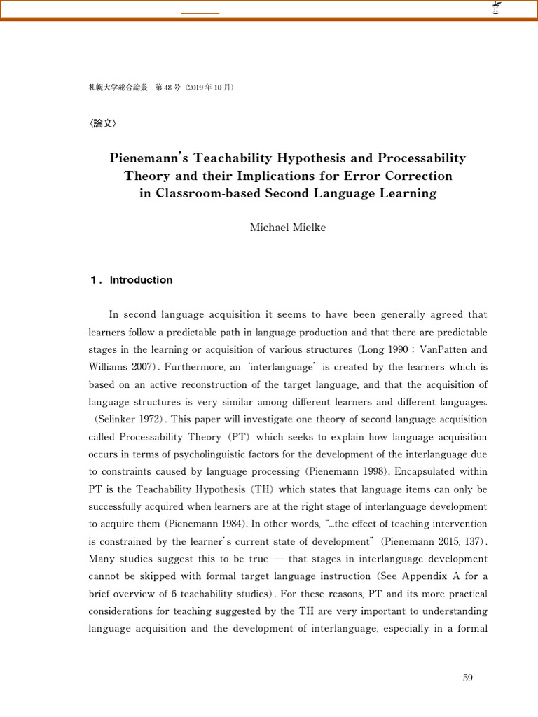 Pienemann's Teachability Hypothesis and Processability Theory and Their Implications For Error ...