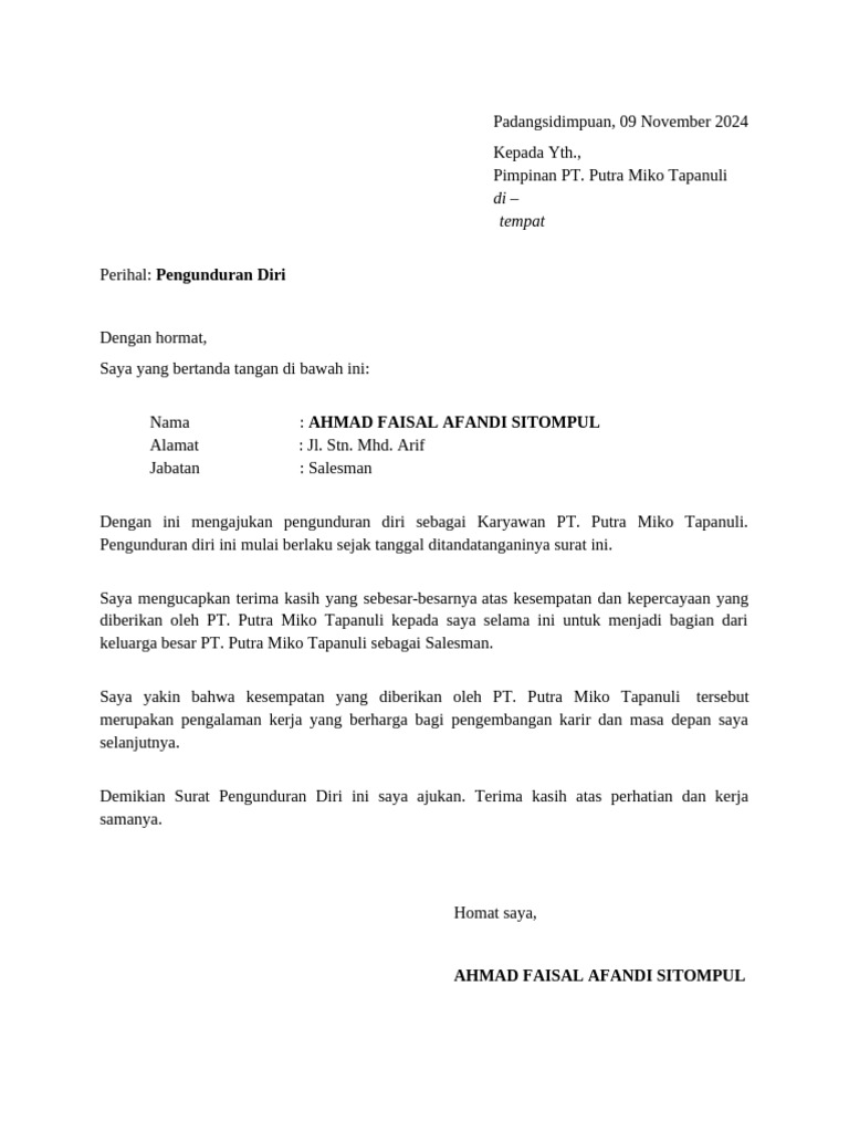 Contoh Surat Pengunduran Diri | PDF