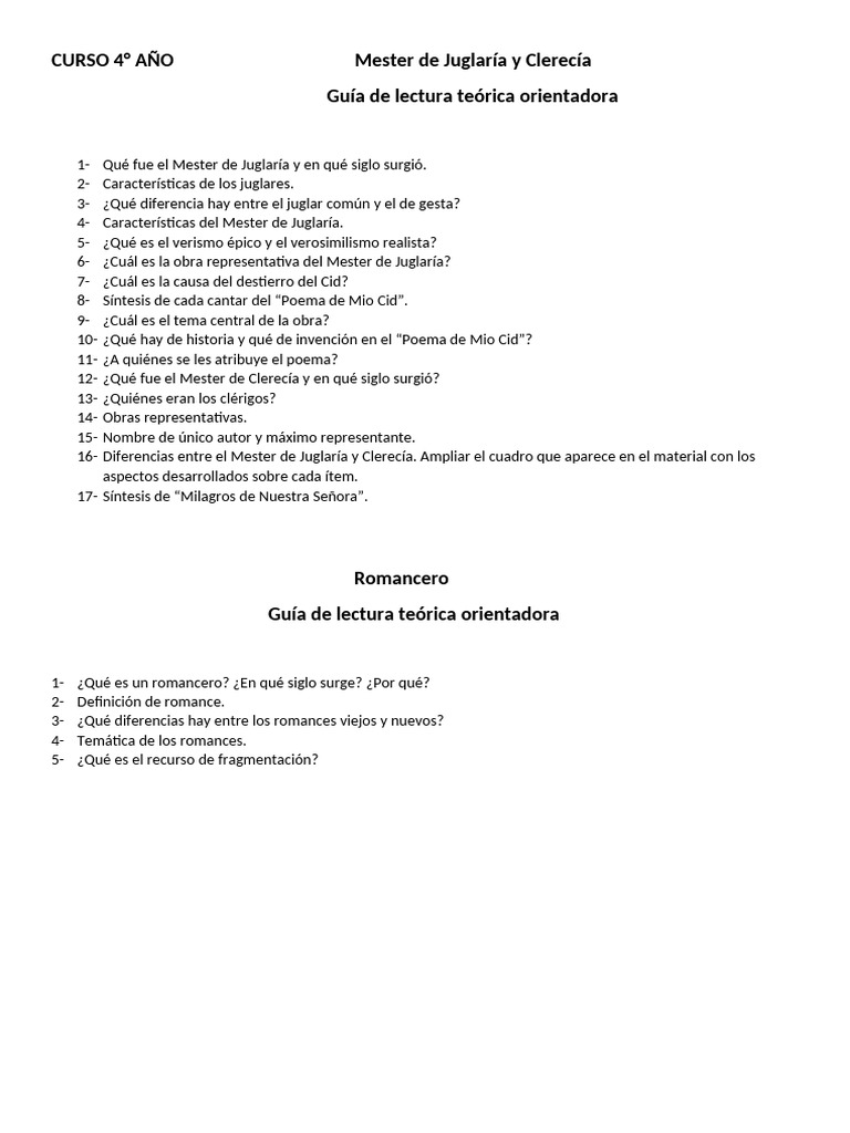 Mester de Juglaria y Clerecia Guia Teorica | PDF