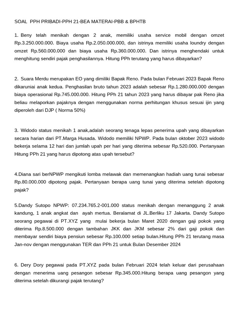 Soal Ujian Pajak PPH 21-Bea Materai, PBB & BPHTB | PDF