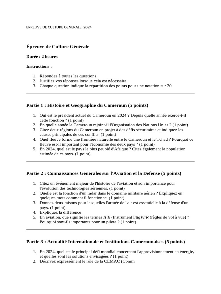 Epreuve de Culture Generale 2024 | PDF | Cameroun | Aviation