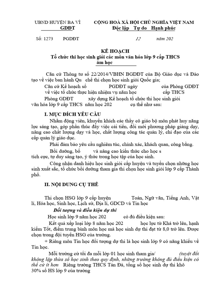 KH Thi HSG Lop 9 - NH - 2023-2024 | PDF